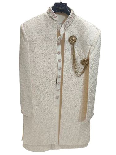 Men Cream Wedding Jacquard Sherwani Pattern Embroidery Size 38 At