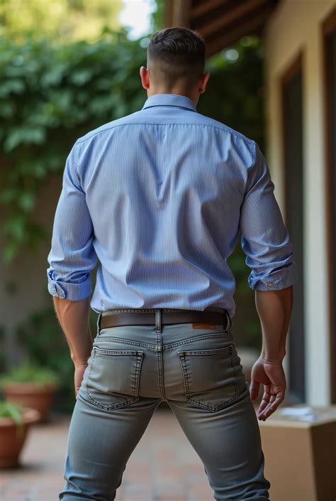 Arafed Man In A Blue Shirt And Jeans Standing On A Brick Walkway
