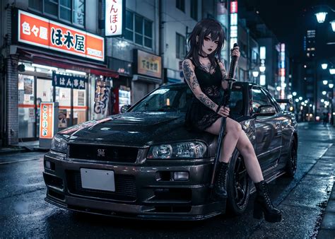 Grey Gtr R34 With Anime Girl On Hood Poster Picture Metal Print