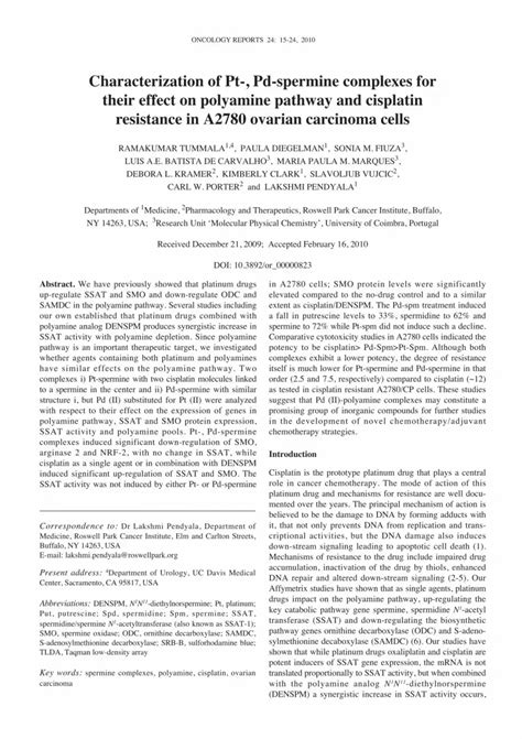 Pdf Characterization Of Pt Pd Spermine Complexes For Their Effect
