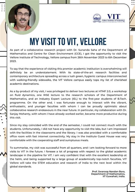 Visiting Vit Vellore By Prof Swaroop Nandan Bora Department Of Mathematics Sas Vit Posted