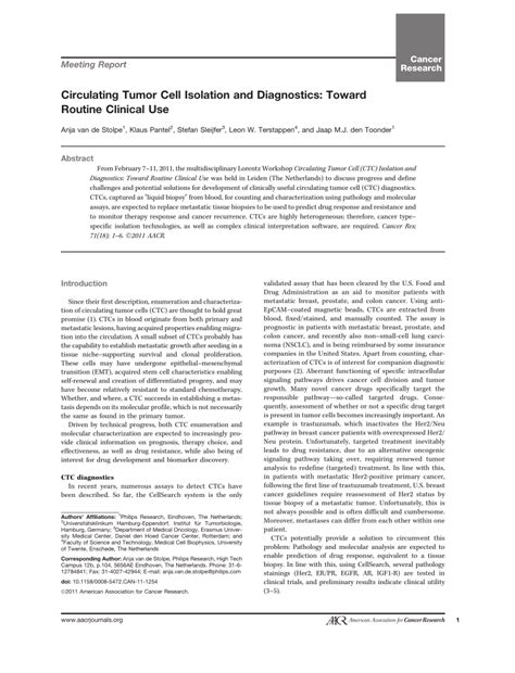 PDF Circulating Tumor Cell Isolation And Diagnostics Toward Routine Clinical Use