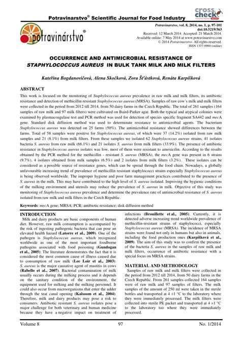 Pdf Occurrence And Antimicrobial Resistance Of Staphylococcus Aureus