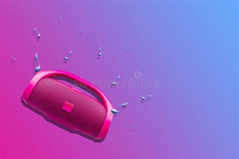 Pink Portable Wireless Bluetooth Speaker With Music Notes On A Pink Blue Gradient Background
