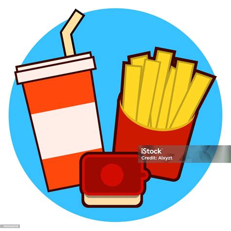 파란색 배경 벡터 일러스트 레이 션에 소 다와 감자 튀김 패스트 푸드 콤보 아이콘 가리기에 대한 스톡 벡터 아트 및 기타 이미지 가리기 감자 요리 감자 칩 Istock