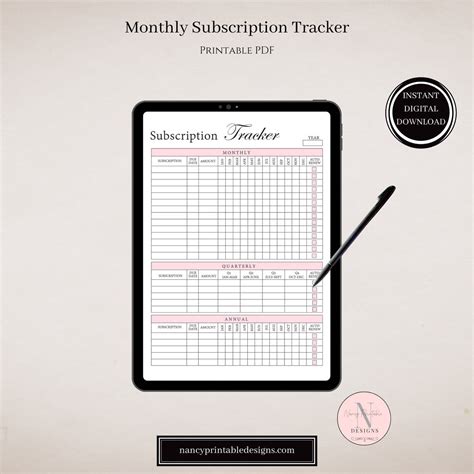 Monthly Subscription Tracker Printable Budget Tracker Spending