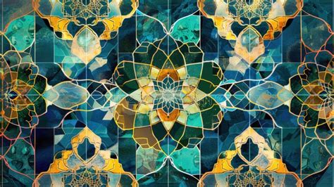 Teal And Gold Mosaic Pattern In An Abstract Geometric Art With Digital Symmetry Aig62 Stock