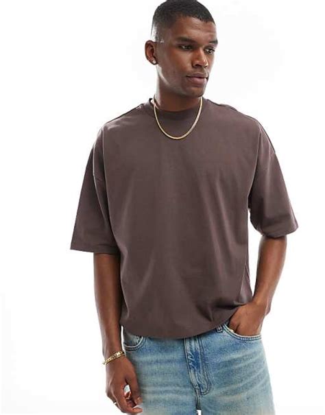 Asos Design Oversized Boxy Dropped Shoulder T Shirt In Brown Asos