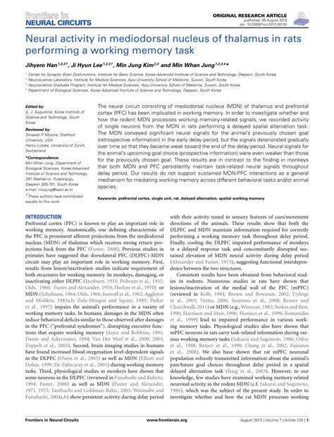 Pdf Neural Activity In Mediodorsal Nucleus Of Thalamus In Rats Performing A Working Memory Task