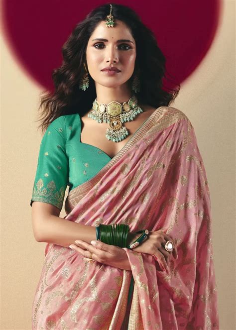 Blush Pink Dola Silk Banarasi Saree With Teal Blouse Urban Womania