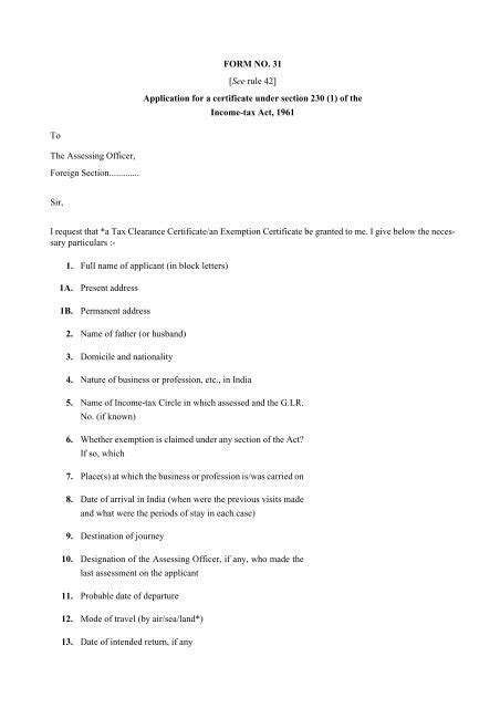 Form No 31 [see Rule 42] Application For A Certificate Under Section