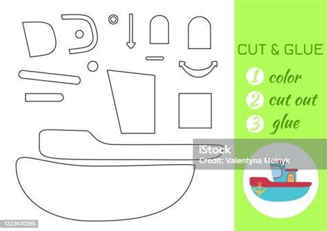 종이 청록색 선박의 색상 절단 및 접착제 공예 활동 페이지를 잘라 내고 붙여 넣습니다 유치원 어린이를위한 교육 게임 Diy 워크 시트 아이 로직 게임 활동 퍼즐 벡터 스톡