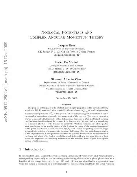 Pdf Nonlocal Potentials And Complex Angular Momentum Theory Dokumen