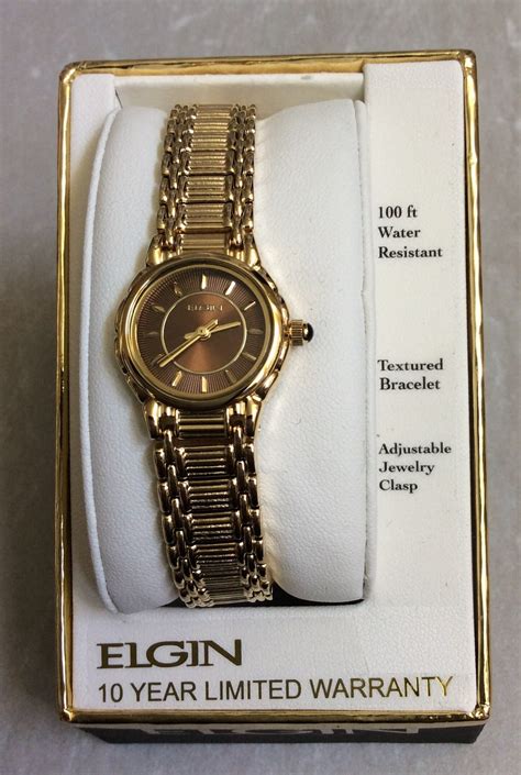 Elgin Womens Gold Watch Round Brown Dial Gold Index Hours On A