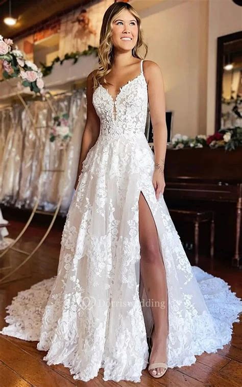 A Line Lace Wedding Dress With Slit Beach Rusitc Bridal Gown White Prom Dress Slit Wedding