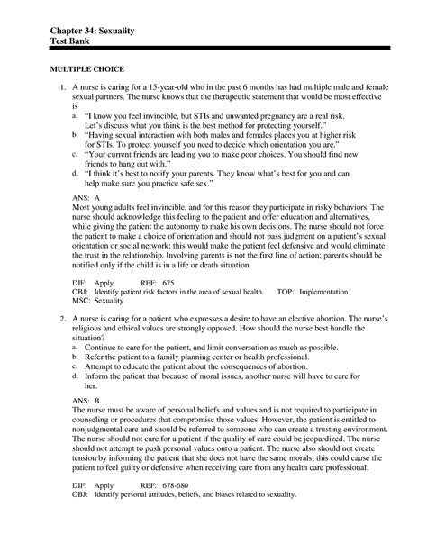Chapter Study Chapter Sexuality Test Bank MULTIPLE CHOICE A Nurse Is Caring For A