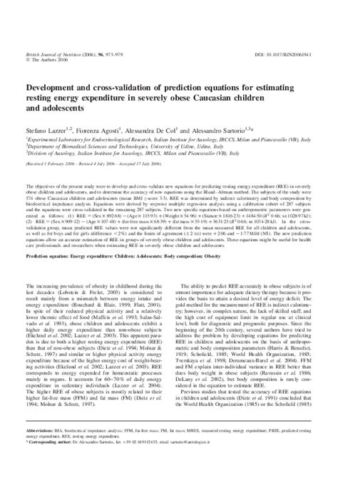 Pdf Development And Cross Validation Of Prediction Equations For Estimating Resting Energy