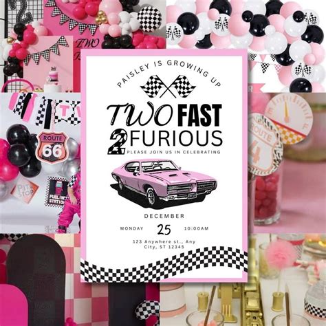 Two Fast Two Furious Birthday Invitation Pink Racing Car Editable