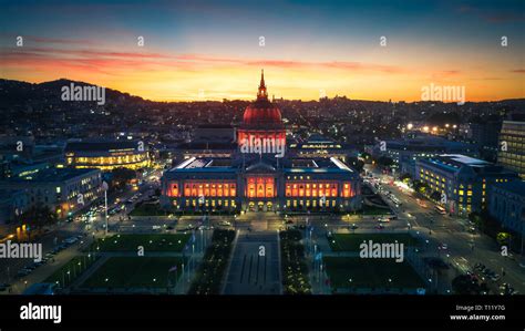 Aerial Panoramic View Of The San Francisco City Hall At Sunset With