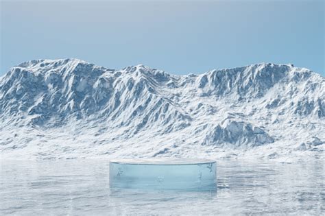 3d 렌더링 겨울 플랫폼 및 자연 연단 배경 호수 배경의 얼음 연단 얼음 눈 산과 맑은 하늘 제품 디스플레이 광고 화장품 스킨케어 등 받침대에 대한 스톡 사진 및 기타