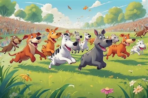Premium Photo Whimsical Animal Race Through Grass Field Illustration
