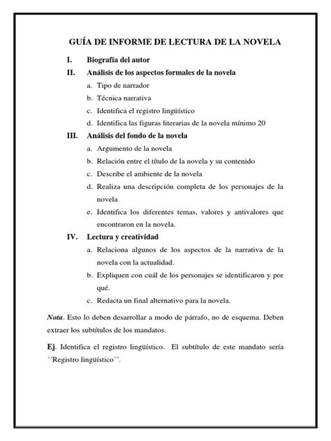 Guía De Informe De Lectura De La Novela Pdf Narrativa Novelas