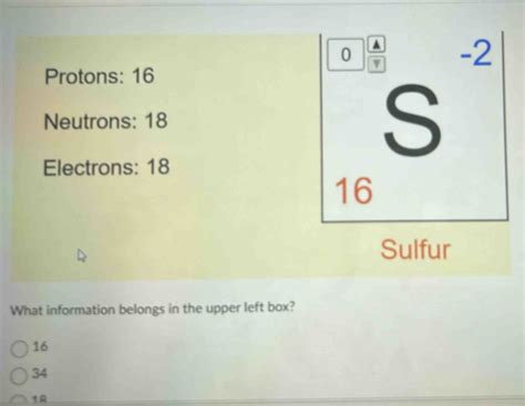 Solved 0 A 2 Protons 16 Neutrons 18 S Electrons 18 16 Sulfur What