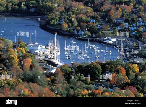 Stock Image Of Camden Maine Harbour With Boats And Fall Foliage Stock
