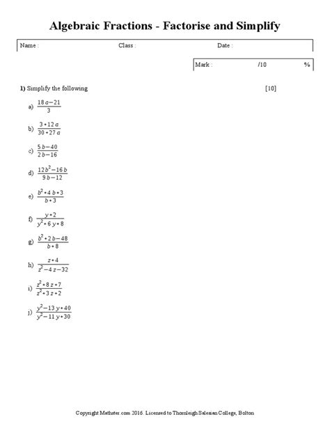 Algebraic Fractions Factorise And Simplify 1 Pdf