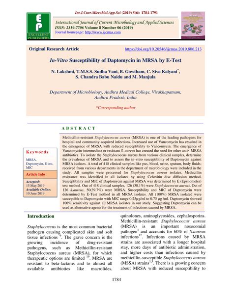 Pdf In Vitro Susceptibility Of Daptomycin In Mrsa By E Test
