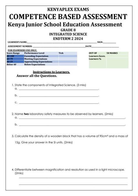 Grade 8 Integrated Science End Of Term 2 Examination 2024