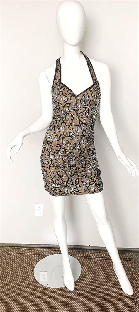 Vintage Oleg Cassini Size 2 1990s Black Nude Beaded Silk Mini 90s