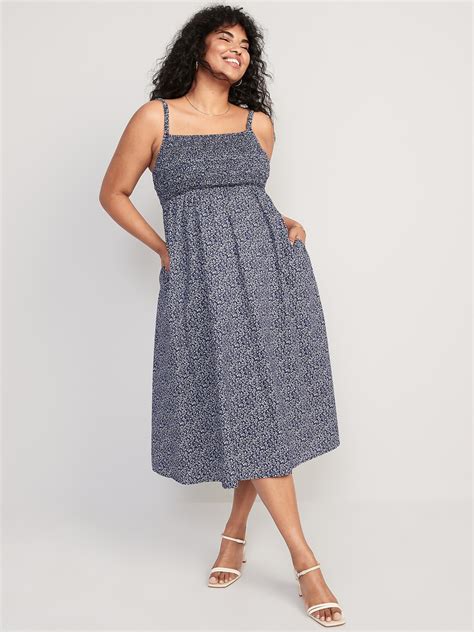 Fit And Flare Cotton Poplin Smocked Cutout Cami Midi Dress For Women