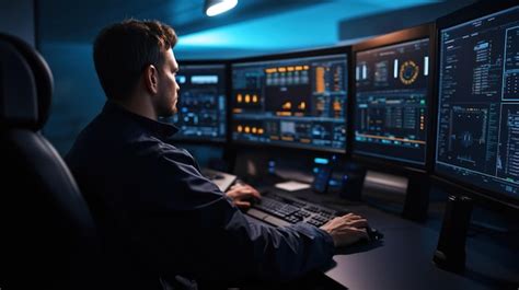 A Skilled Analyst Is Intensely Focused On Several Large Computer Monitors In A Darkened Control