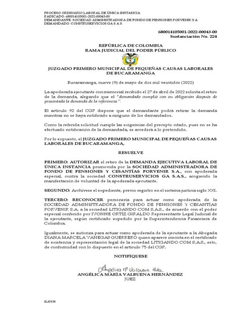 Ejec 2022 043 Auto Autoriza Retiro De Demanda Pdf
