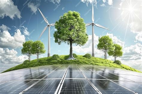 Wind Turbines And Solar Panels With Tree On Hill Renewable Energy Eco