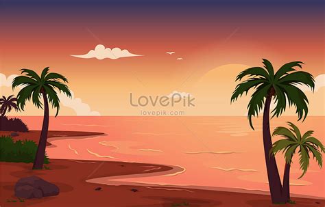 아름 다운 일몰 해변 해상 리 조 트 열대 관광지 일러스트 무료 다운로드 Lovepik