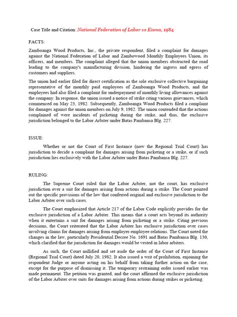 National Federation Of Labor Vs Eisma 1984 Pdf Strike Action Complaint