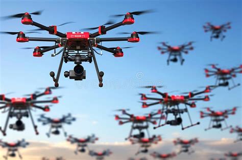 Swarm Of Drones With Cameras For Enhanced Aerial Surveillance And Security Stock Illustration