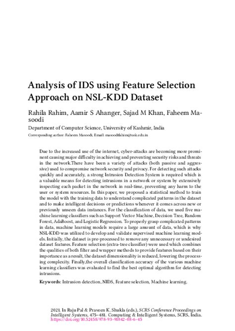 Pdf Analysis Of Ids Using Feature Selection Approach On Nsl Kdd Dataset