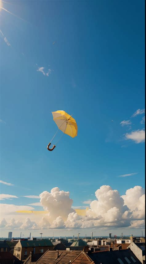 There Is A Yellow Umbrella Flying In The Sky Over A City Seaart Ai