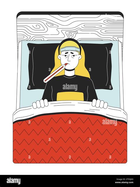Sick Flu Patient In Bed Line Cartoon Flat Illustration Stock Vector
