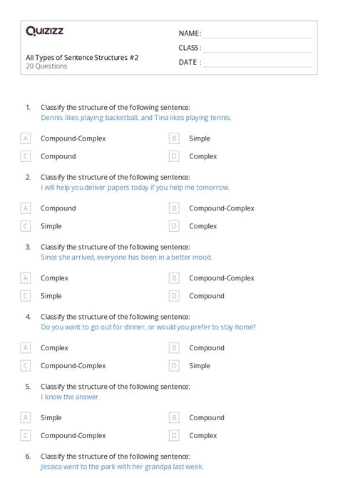 50 Sentence Structure Worksheets For 7th Year On Quizizz Free