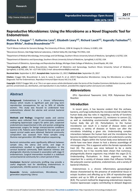 Pdf Reproductive Microbiomes Using The Microbiome As A Novel Diagnostic Tool For Endometriosis