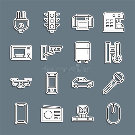 Set Line Computer Mouse Microphone Meteorology Thermometer Printer