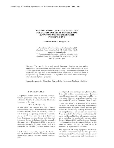 Pdf Constructing Lyapunov Functions For Nonlinear Delay Differential