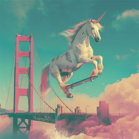 Dreamy Unicorn Riding A Hoverboard By The Golden Gate Premium Ai