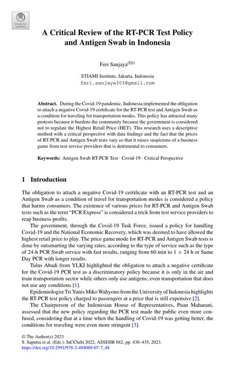 Pdf A Critical Review Of The Rt Pcr Test Policy And Antigen Swab In Indonesia