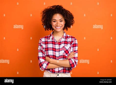 Photo Of Confident Shiny Young Lady Dressed Checkered Shirt Arms
