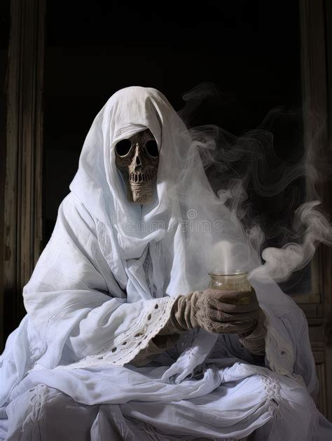 Creepy White Ghost Sitting In The Smoke With Smoking Incense Ai Stock